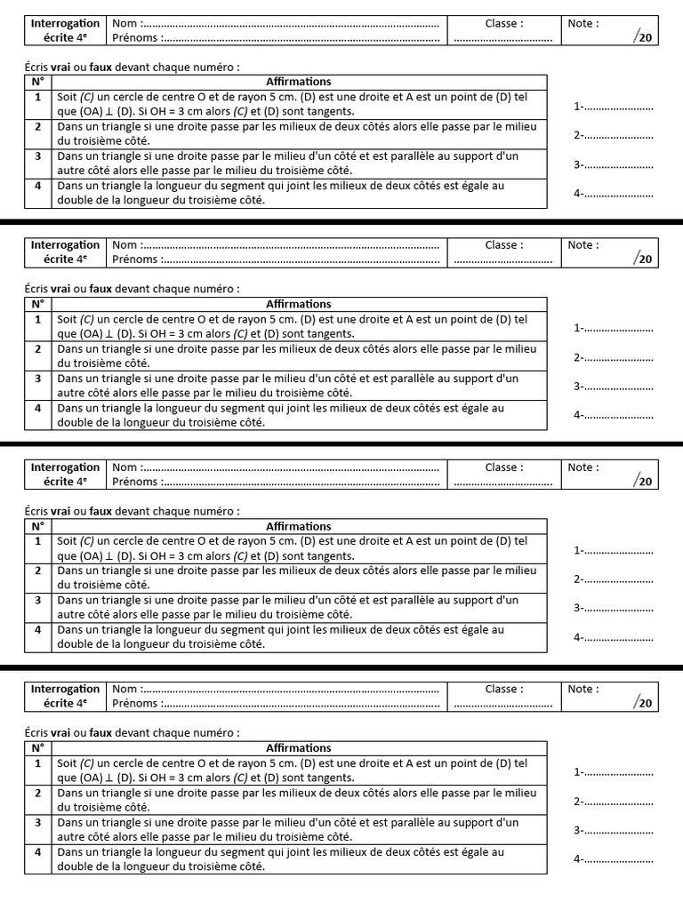 Interrogation écrite 4e | PDF | Triangle | Cercle