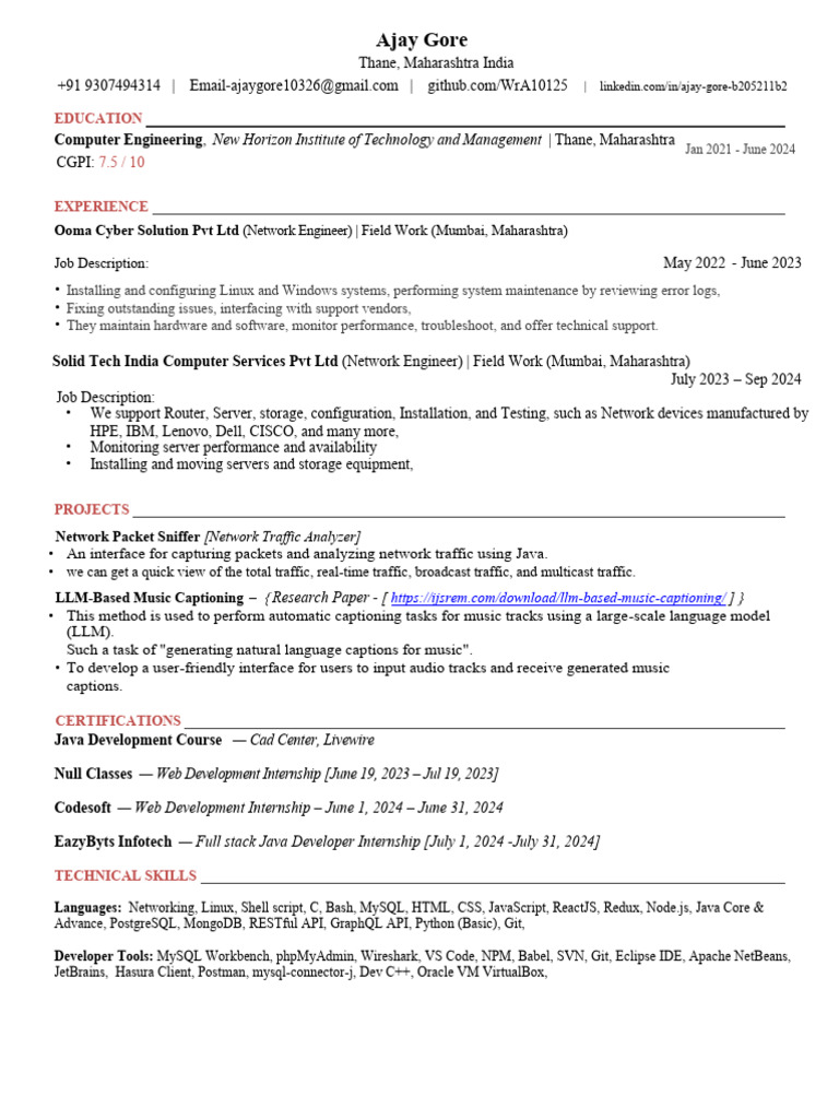 Ajay_Gore-Resume. | PDF | Computer Network | My Sql