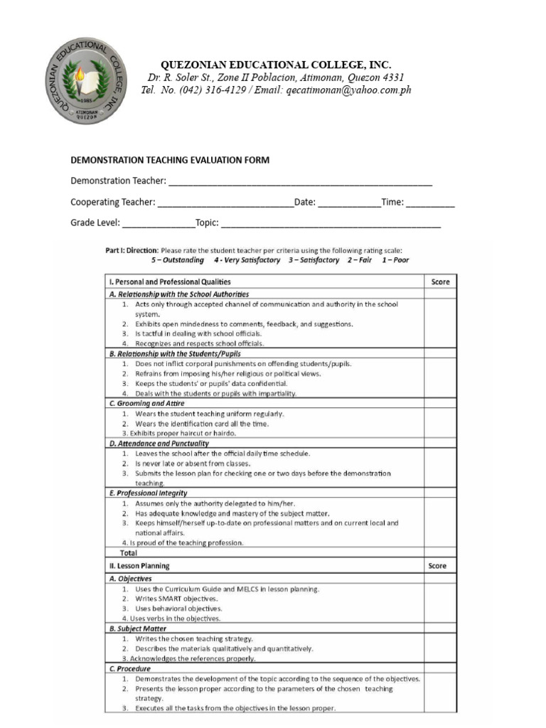 Demonstration Teaching Evaluation Form | PDF