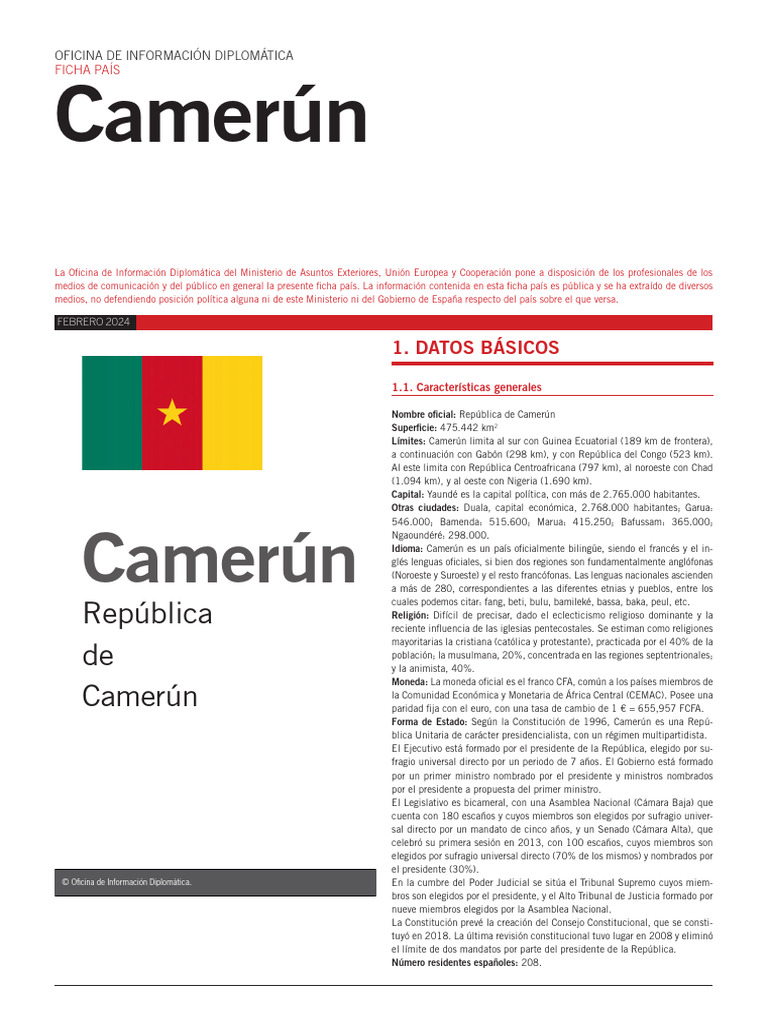 Ficha País: Camerún 2024 | PDF | Camerún | Ministerio (Departamento de ...