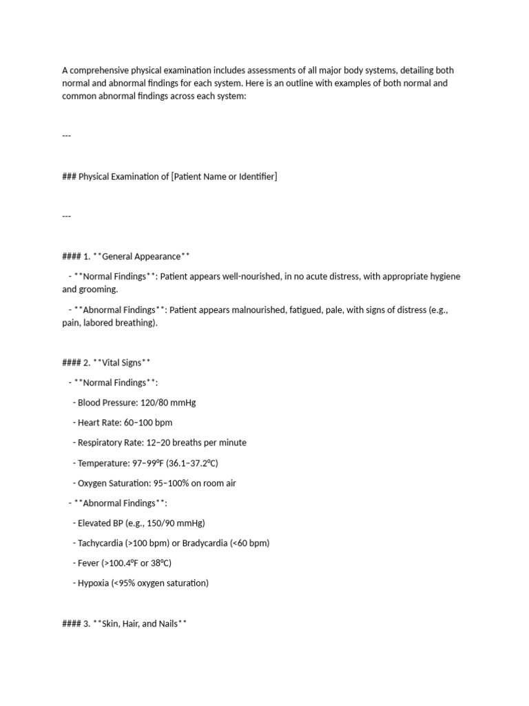 A comprehensive physical examination includes assessments of all major ...