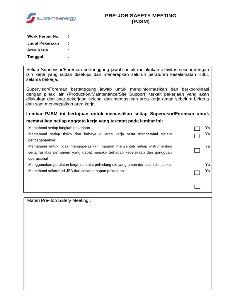 Form Pre-Job Safety Meeting (PJSM) | PDF