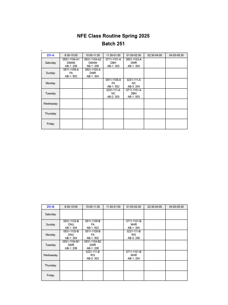 NFE Class Schedule Spring 2025 | PDF