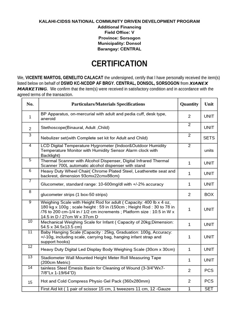 KALAHI-CIDSS Delivery Certification Sorsogon | PDF | First Aid