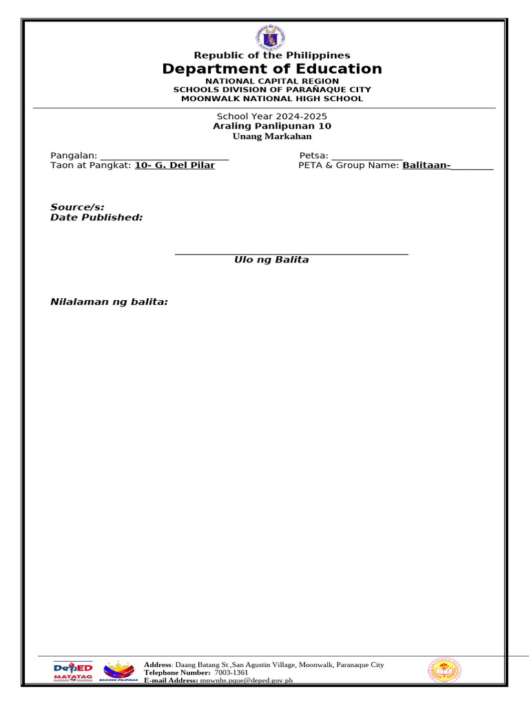Balitaan Template for Araling Panlipunan | PDF