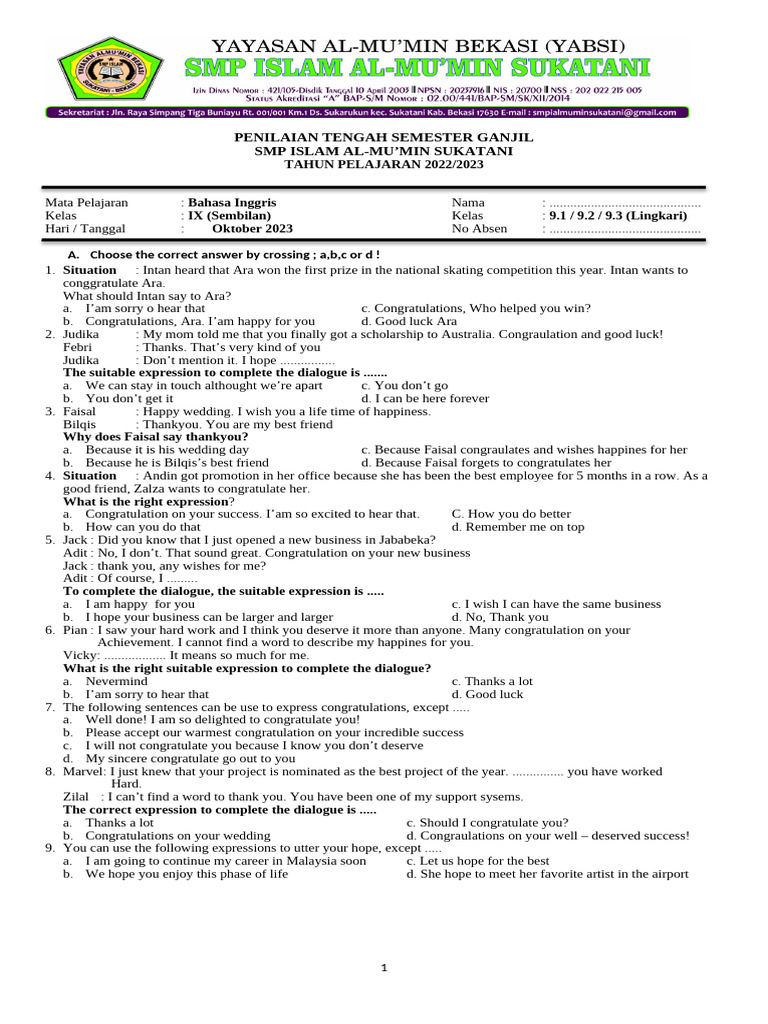 Soal PTS Bhs. Inggris Kls 9 2023 | PDF