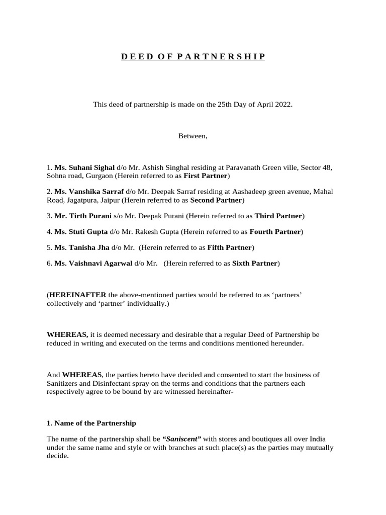 Partnership Deed for Saniscent Business | PDF | Business Law | Civil ...