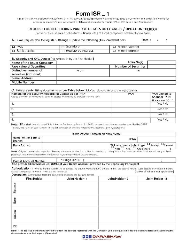 Form ISR-1 - Request Form For Registering Pan - Bank - KYC | PDF