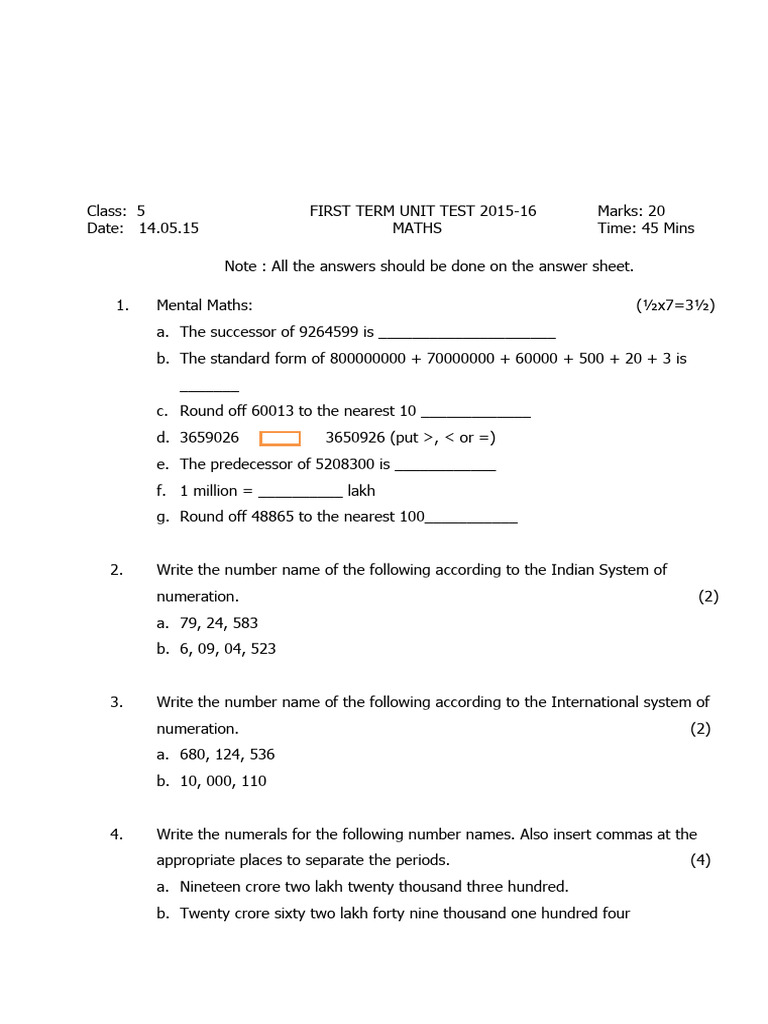 cbse-class-5-ut1-mathematics-2016 | PDF | Student Assessment And Evaluation