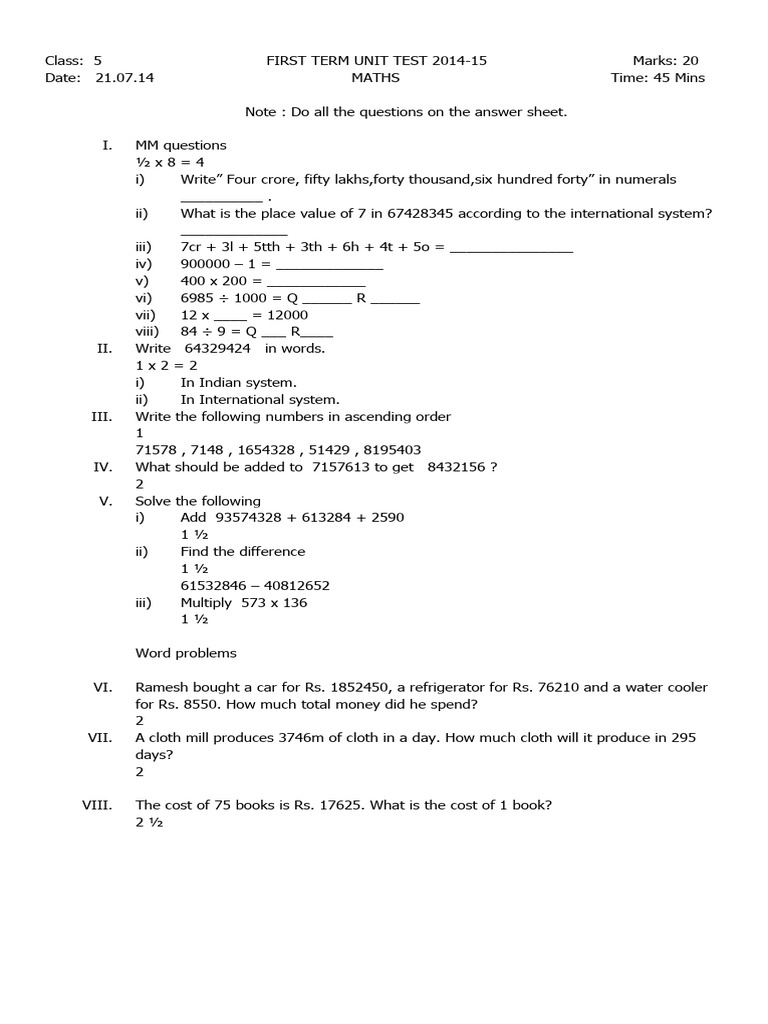 Cbse Class 5 Ut1 Mathematics 2015 | PDF