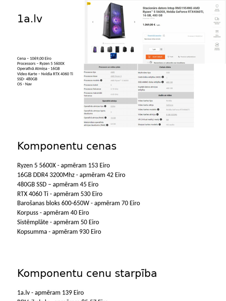 Cena - 1069,00 Eiro Processors - Ryzen 5 5600X Operatīvā Atmiņa - 16GB Video Karte - Nvidia RTX ...