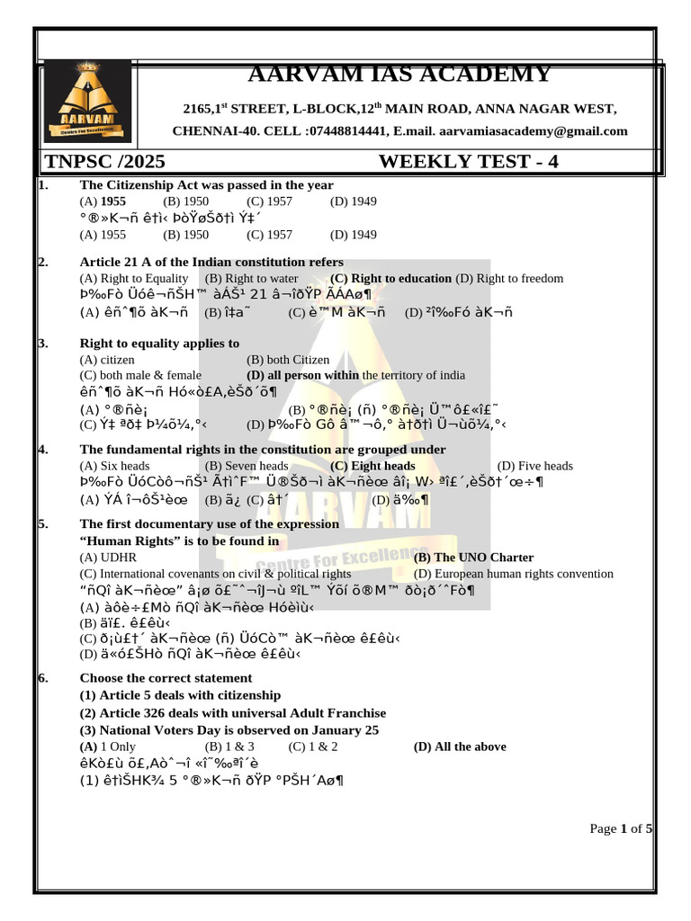 TNPSC - 4 - Weekly Test Question | PDF | Governance | Government