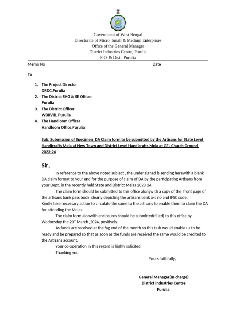 DA Claim Form for Artisans 2023-24 | PDF
