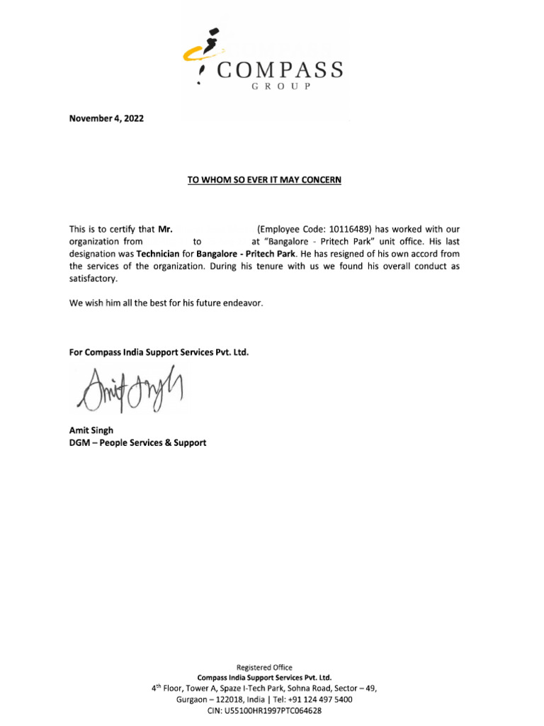 Compass Experience Certificate | PDF