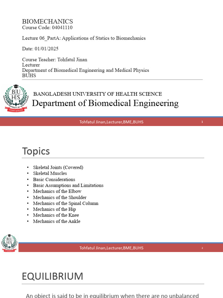 Lecture 06 - Part A - Applications of Statics To Biomechanics | PDF ...