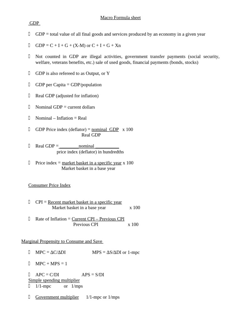 AP Macroeconomics Formula Sheet | PDF | Money Supply | Unemployment