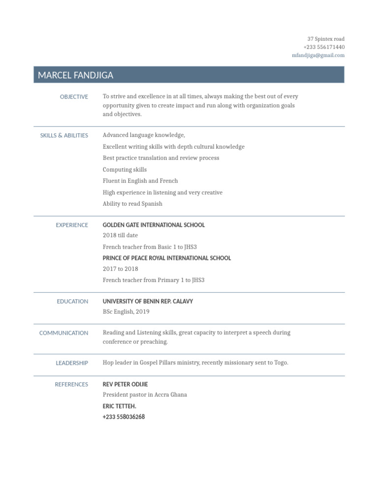 French Teacher Resume - Marcel Fandjiga | PDF