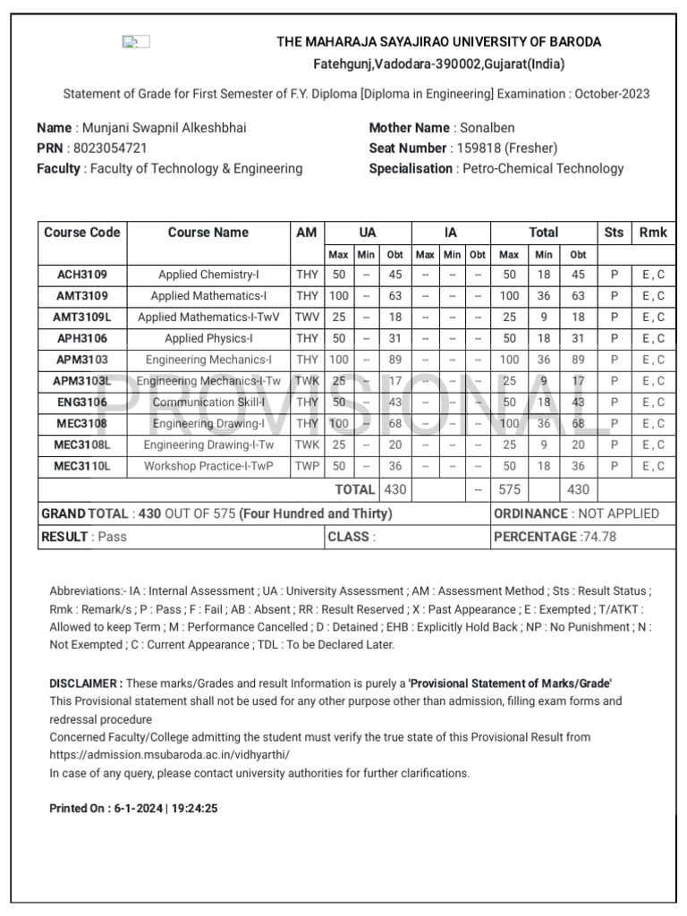 Result 1st Sem | PDF | Educational Stages | Qualifications