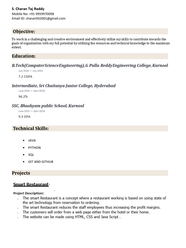 S. Charan Tej Reddy Resume | PDF
