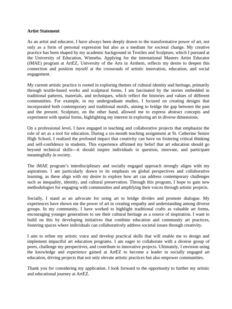 Artist Statement: Socially Engaged Art Education | PDF | Creativity ...