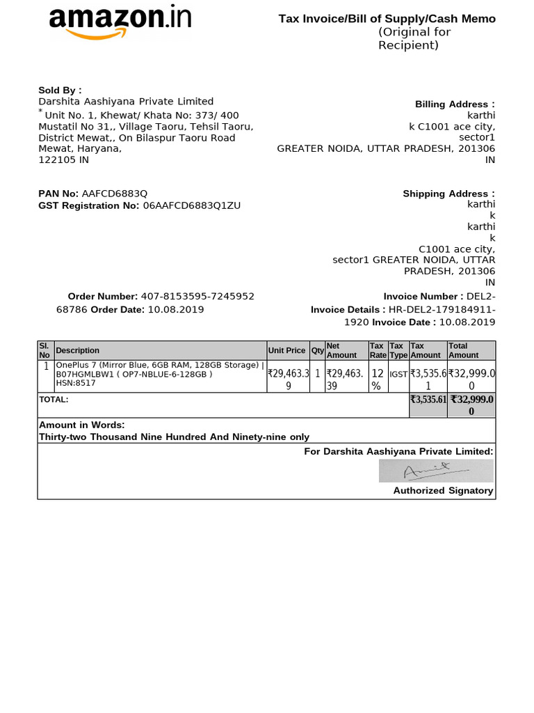 OnePlus 7 Invoice from Darshita Aashiyana | PDF | Invoice | Taxation