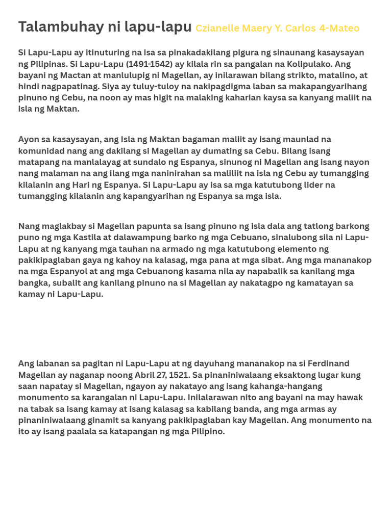 Talambuhay Ni Lapu-Lapu: Czianelle Maery Y. Carlos 4-Mateo | PDF