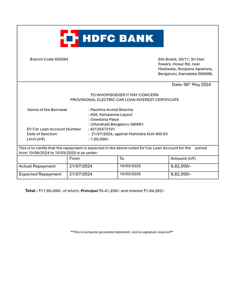 Provisional Electric Car Loan Certificate | PDF