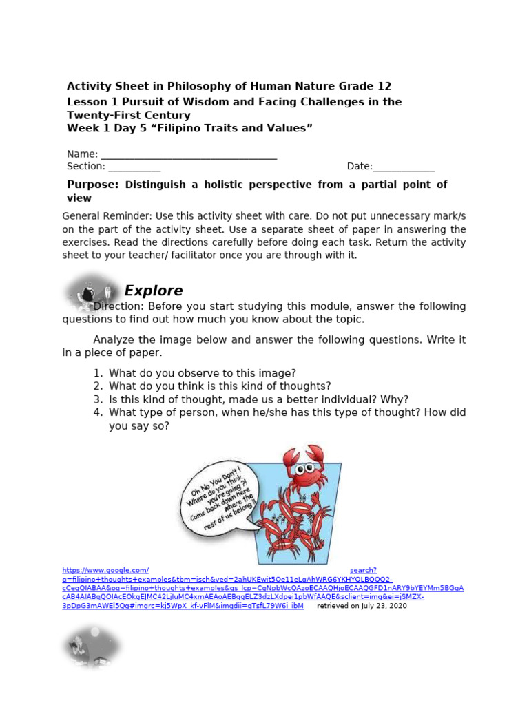 Activity Sheet in Philosophy of Human Nature Grade 12 | PDF | Thought ...