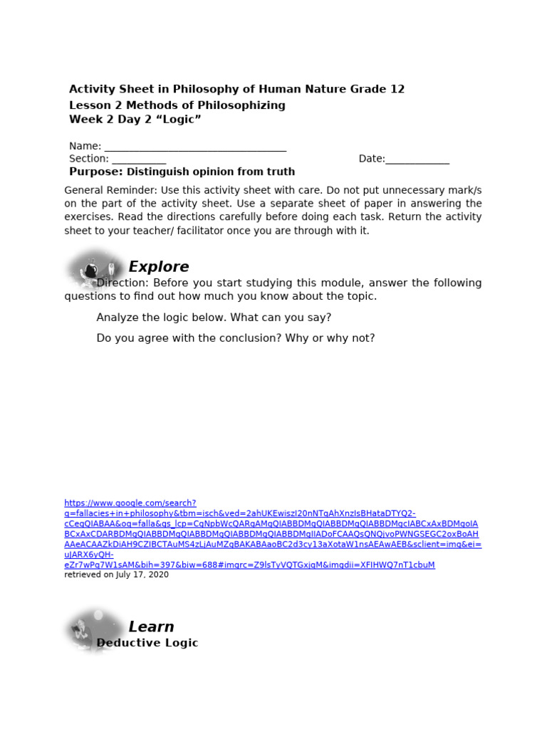 Logic Methods in Philosophy Activity Sheet | PDF | Deductive Reasoning ...
