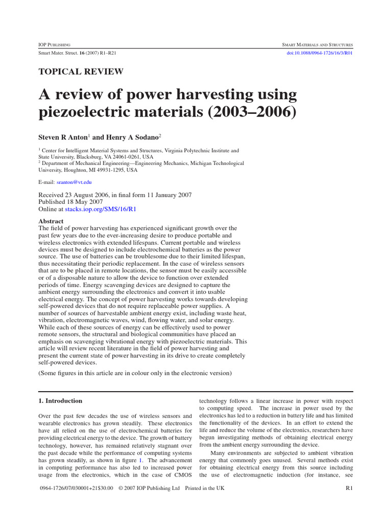 A Review of Power Harvesting Using Piezoelectric Materials (2003-2006 ...