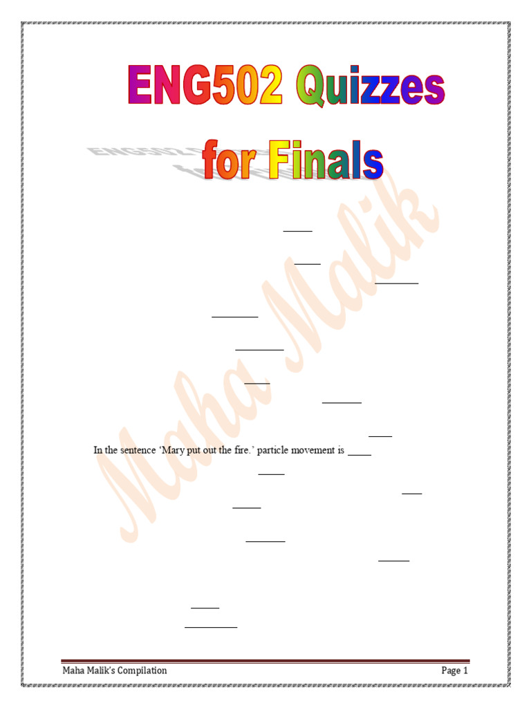 ENG502 - Quizzes For Finals - by Maha Malik | PDF | Phrase | Syntax
