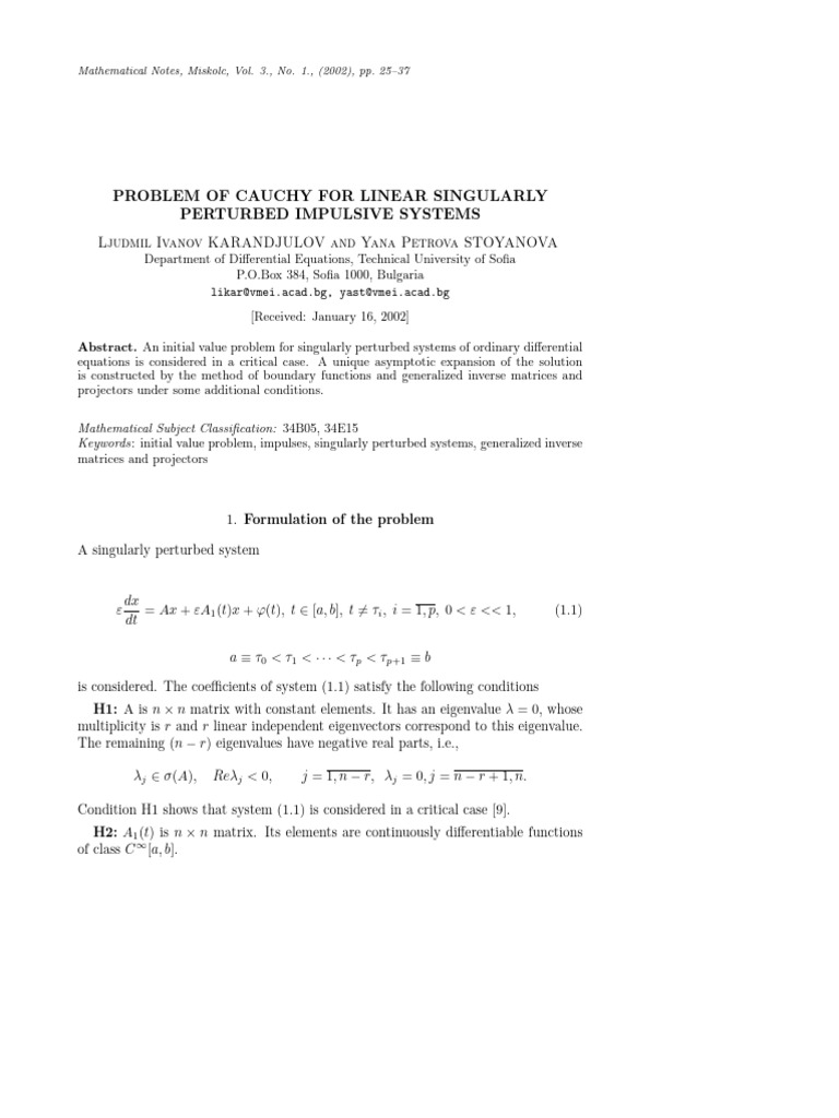 PROBLEM OF CAUCHY FOR LINEAR SINGULARLY PERTURBED IMPULSIVE SYSTEMS | PDF | Mathematical ...