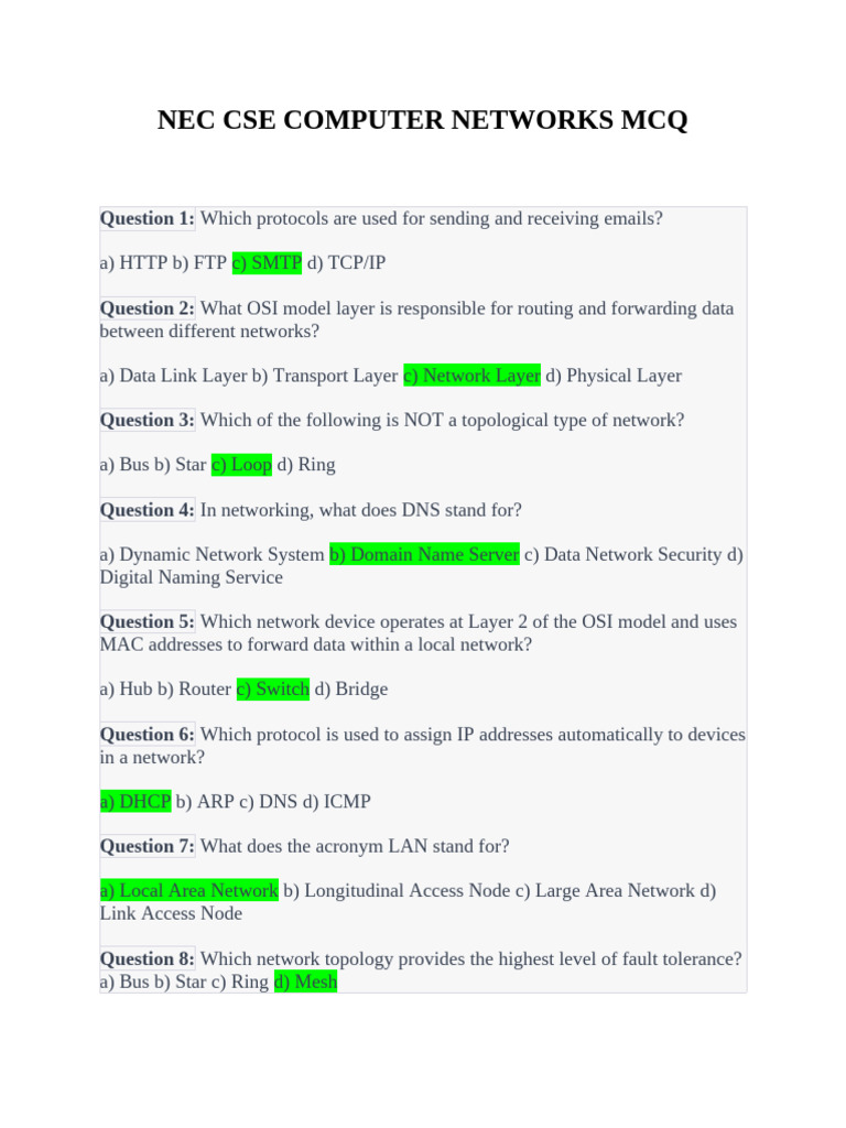 COMPUTER NETWORKS MCQ | PDF | Computer Network | Internet Protocol Suite