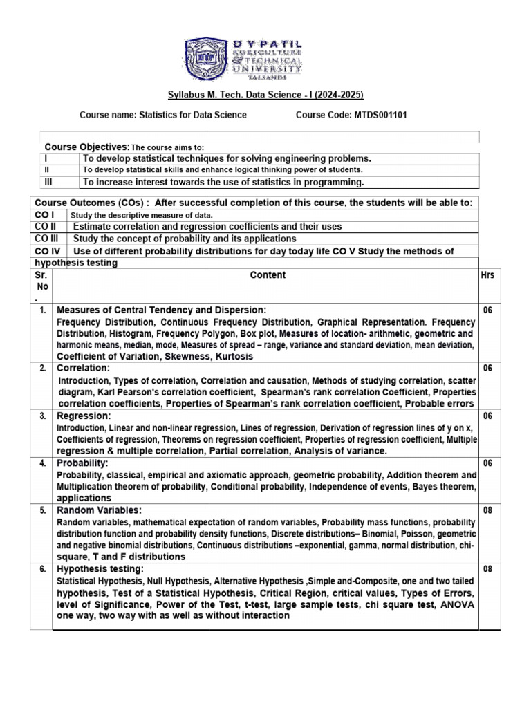 MTDS001101 Applied Statistics - Syllabus | PDF | Statistics | Regression Analysis