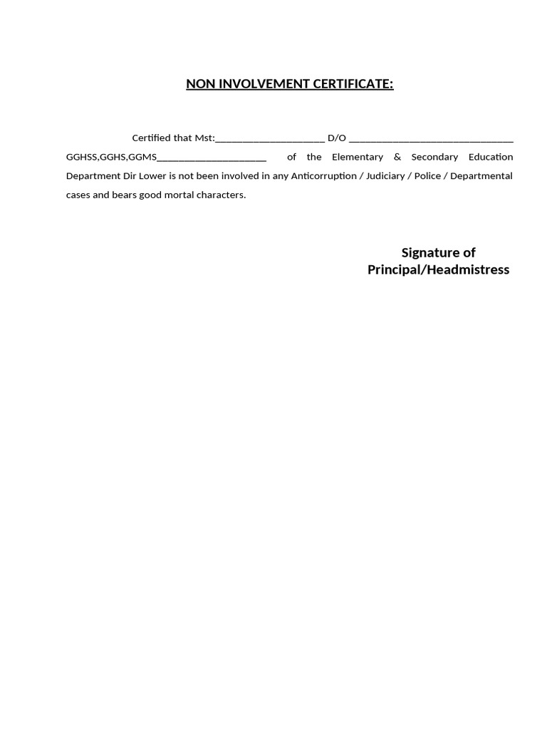 Non Involvement Certificate | PDF