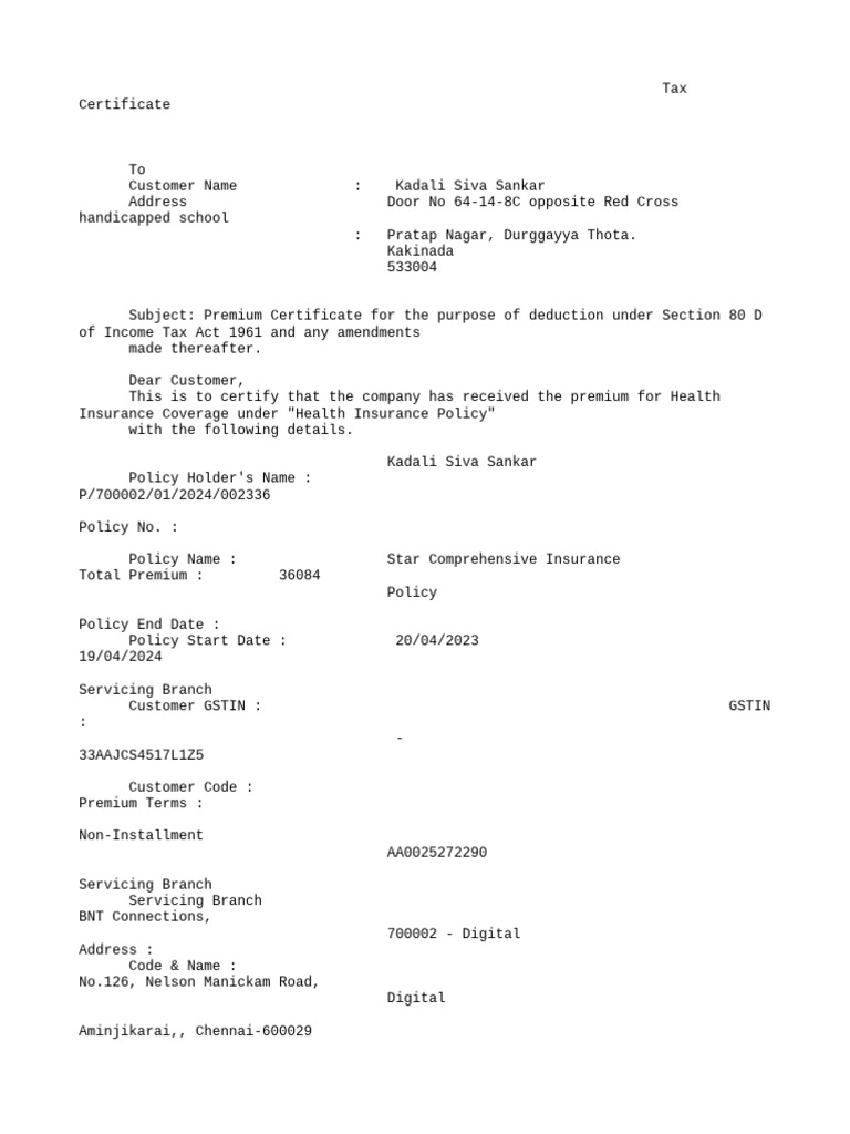 80D Certificate | PDF | Insurance | Taxes