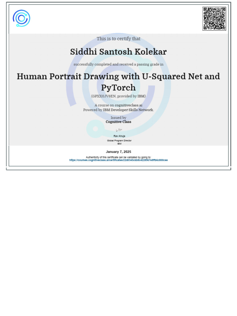 IBM GPXX0JV6EN Certificate _ Cognitive Class Human Portrait Drawing with U-Squared Net and ...