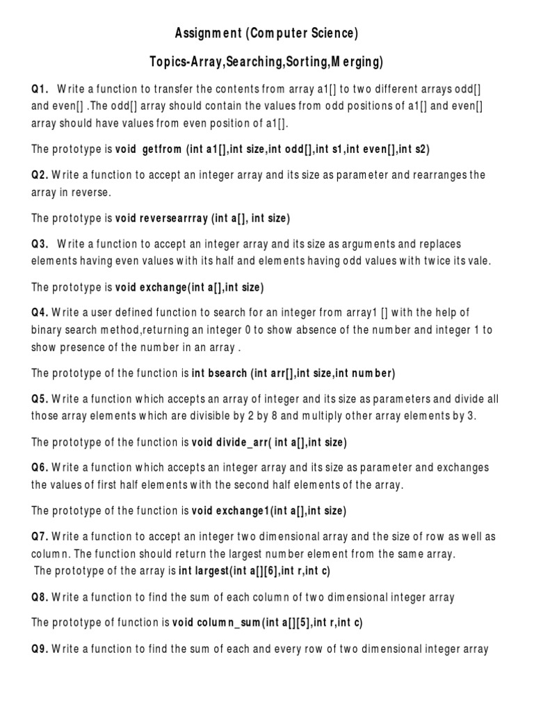 Assignment (Computer Science) Topics-Array, Searching, Sorting, Merging) | PDF | Array Data ...