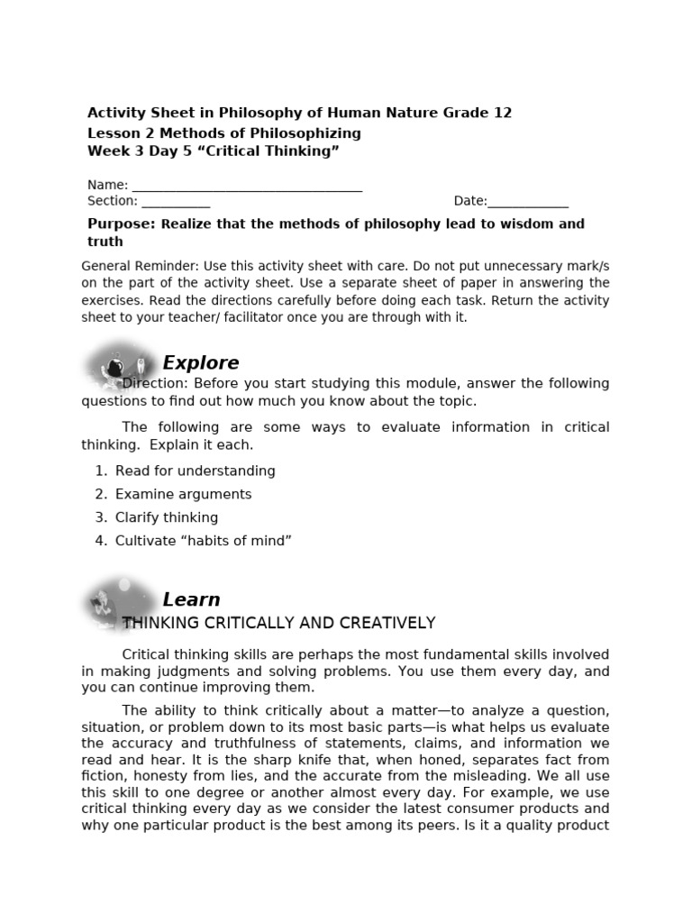 Critical Thinking in Philosophy Activity | PDF | Thought | Critical ...