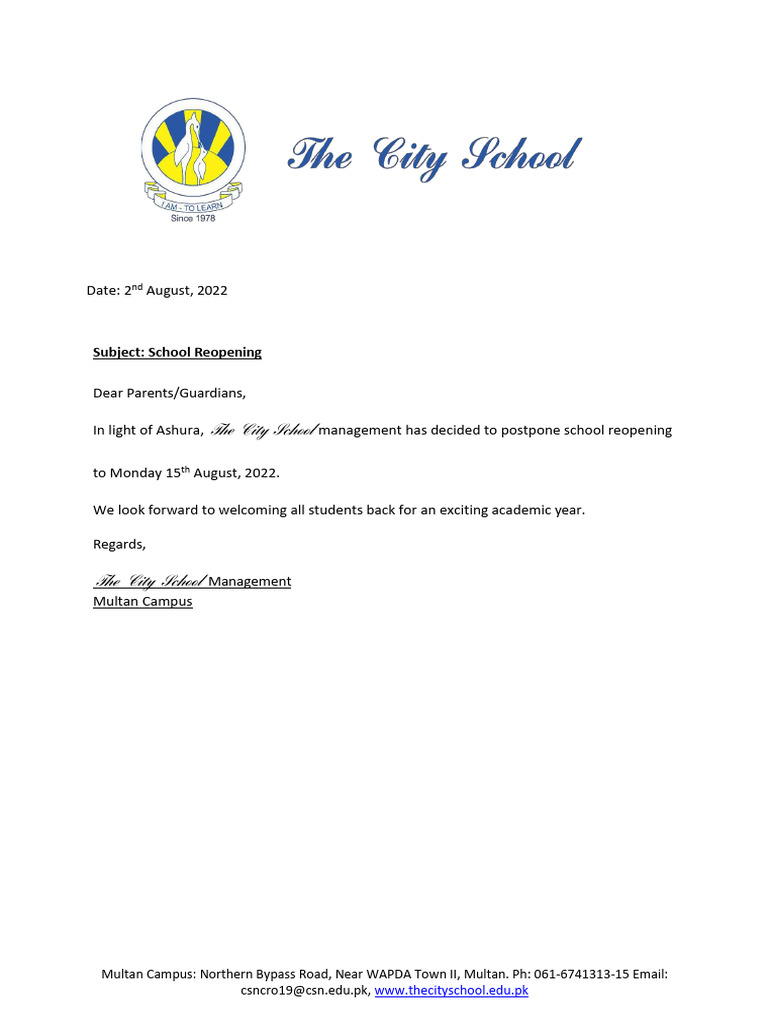 Letter To Parents - School Reopening | PDF