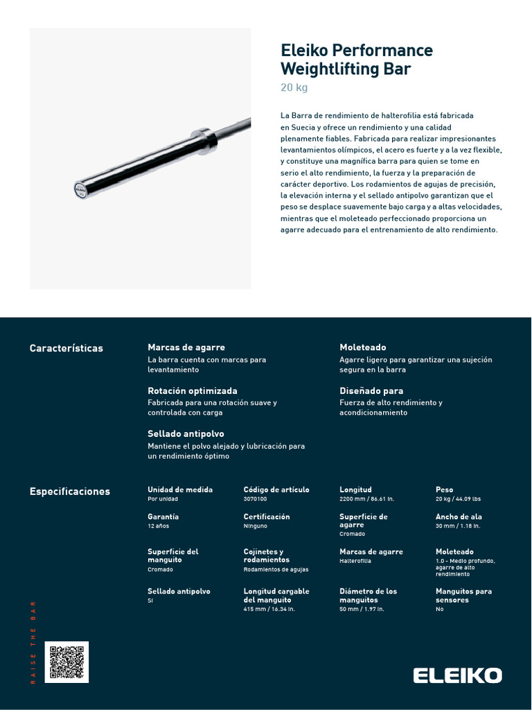 Product Sheet Eleiko Performance Weightlifting Bar 20 Kg | PDF | Rodamiento (Mecánico ...