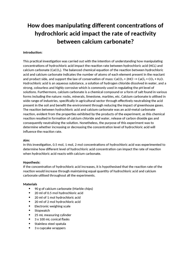 Impact of HCl Concentration on CaCO3 Reactivity | PDF | Chemical ...