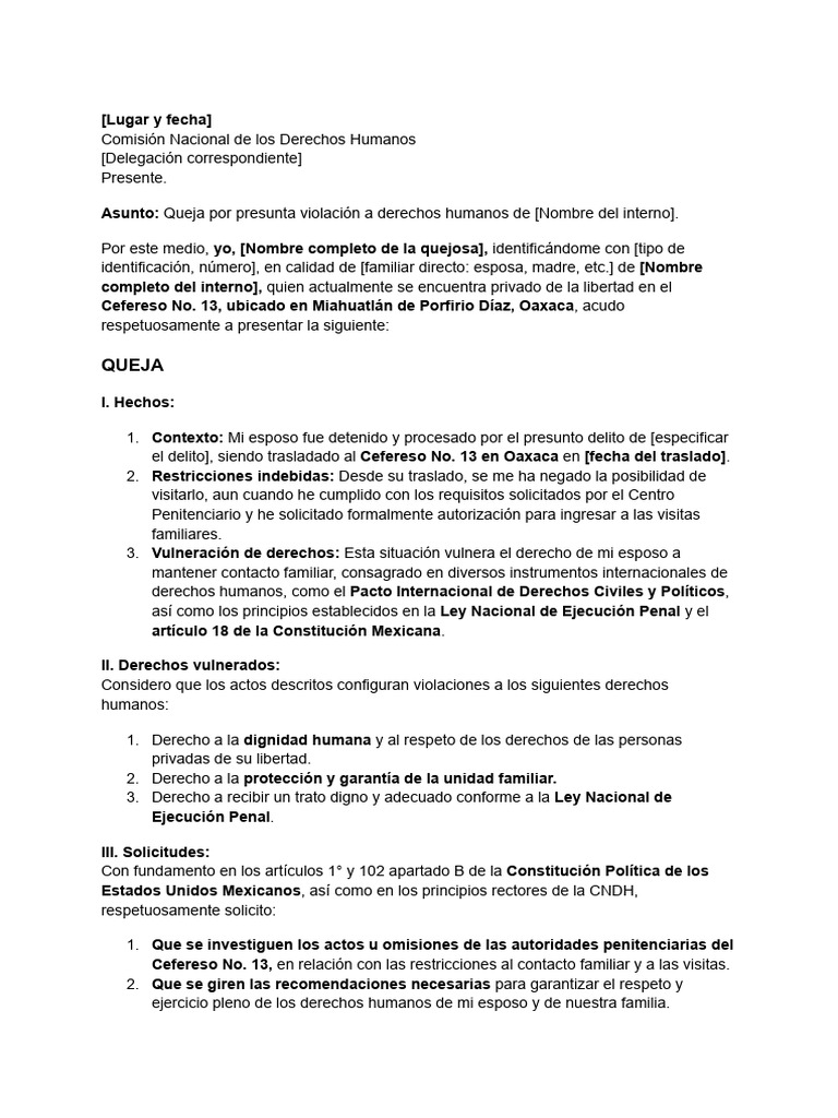 Formato de Queja Ante La Comisión Nacional de Los Derechos Humanos (CNDH) | PDF | Derechos ...