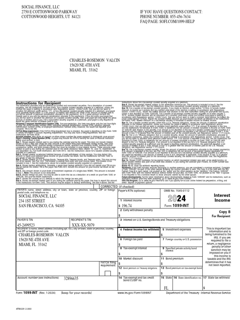 2024 SoFi Form-1099-INT | PDF | Tax Exemption | Payments