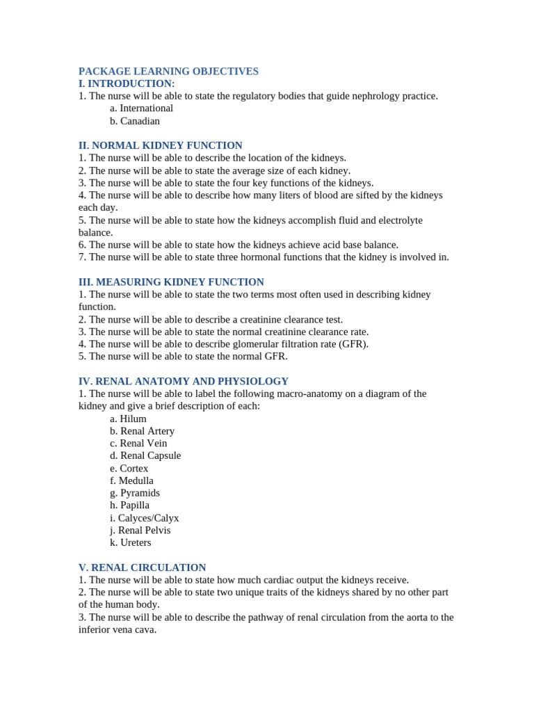 Nephrology Nursing Learning Objectives | PDF | Kidney | Kidney Disease