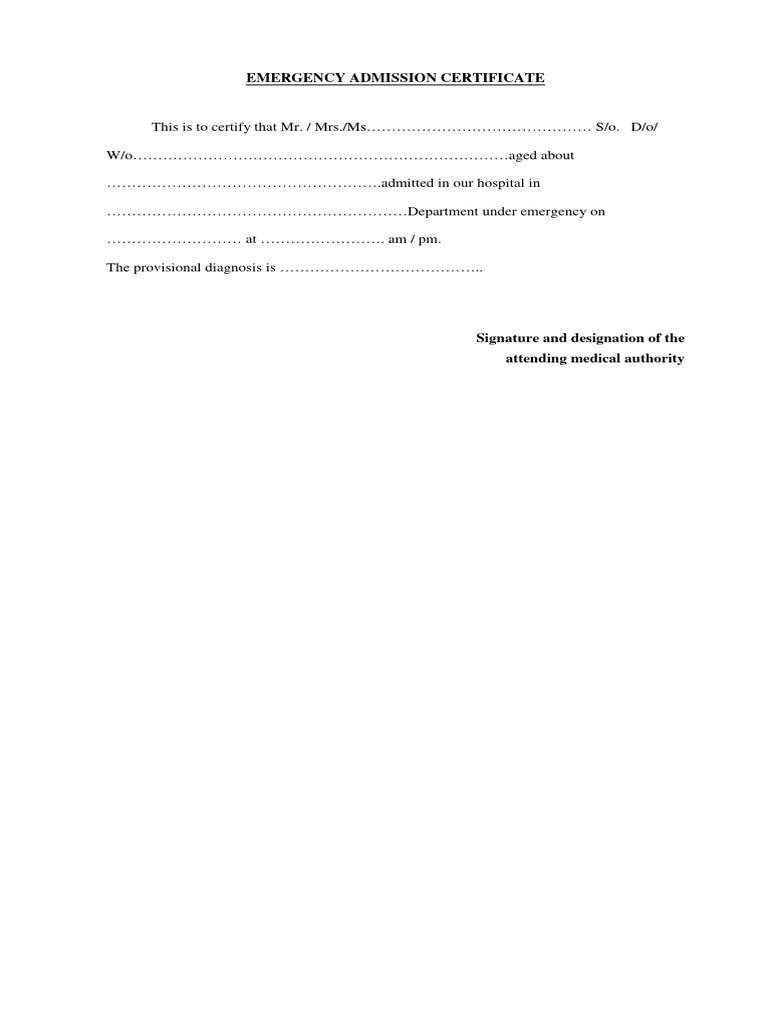 Emergency Hospital Admission Form | PDF