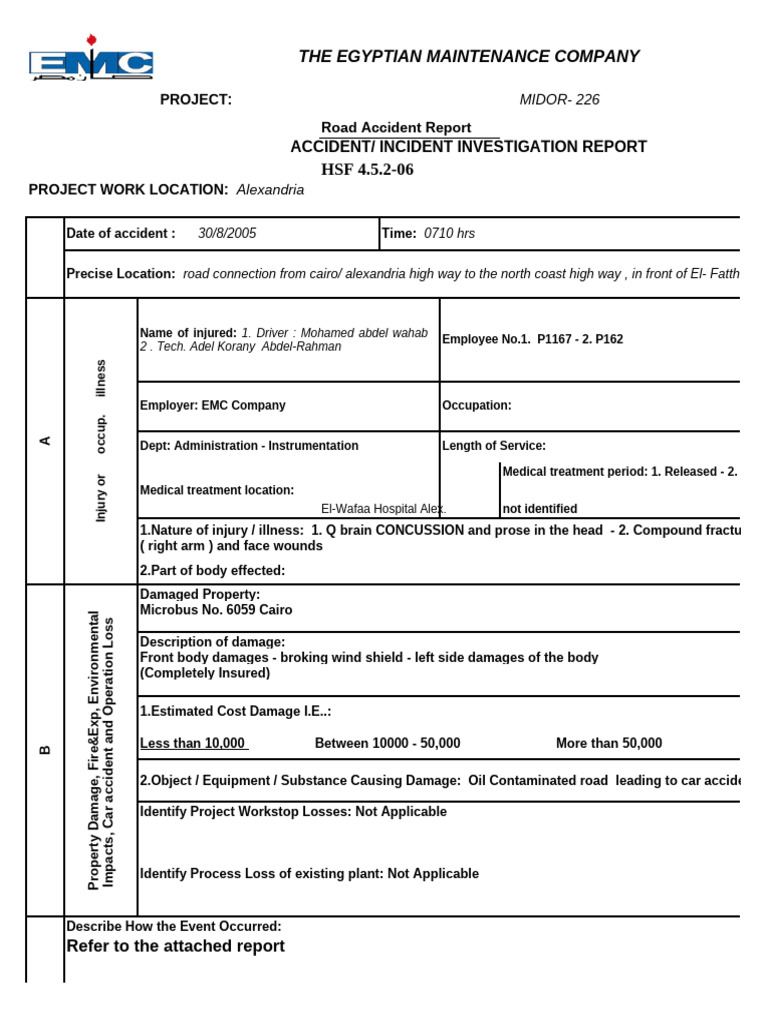 ACCIDENT INCIDENT REPORT Blank | PDF | Traffic Collision | Safety