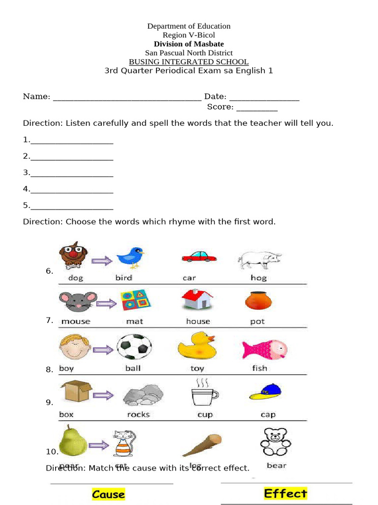 3rd Quarter English Exam for Grade 1 | PDF