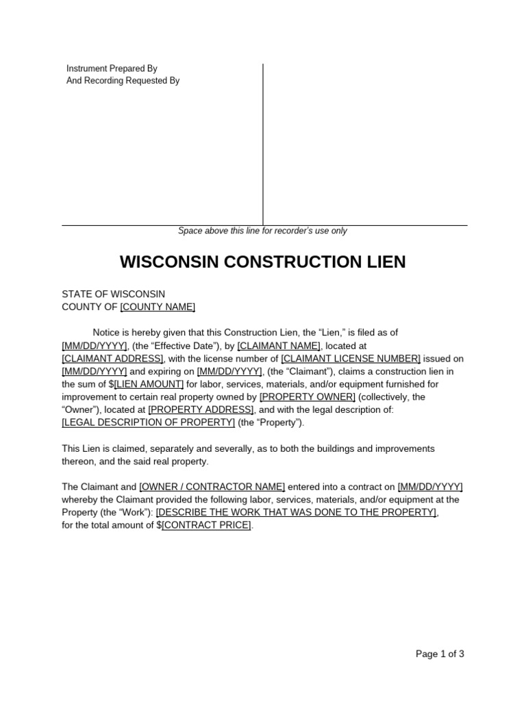 Wisconsin Mechanic Construction Lien-Template | PDF | Private Law | Civil Law (Common Law)