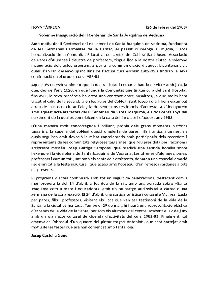 E. - 1983 II Centenari de Santa Joaquima de Vedruna A M Nova Tàrrega - 26 Febrer 1983 - Revg | PDF